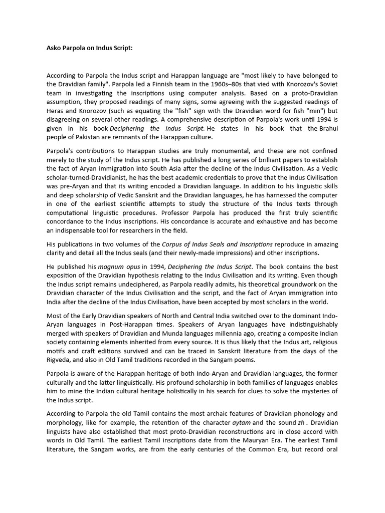Asko Parpola's Dravidian Hypothesis on Indus Script | PDF | Languages ...