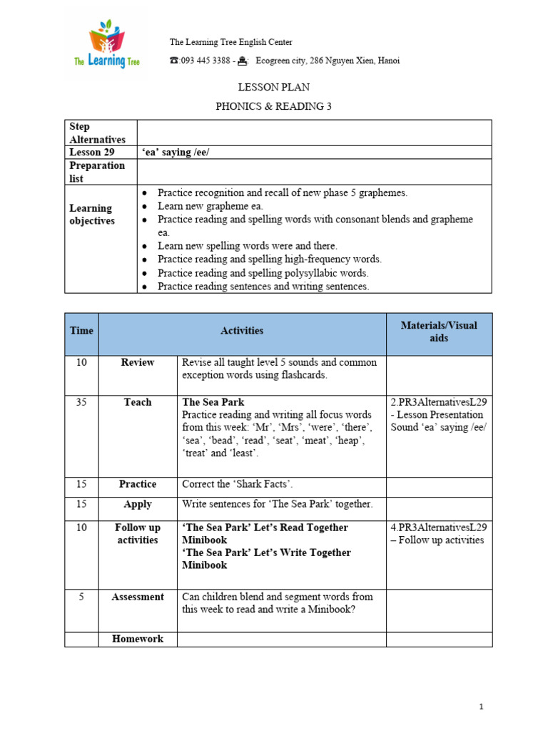 PR3AlternativesL29 - Lesson Plan Sound 'Ea' Say 'Ee' | PDF | Phonics ...