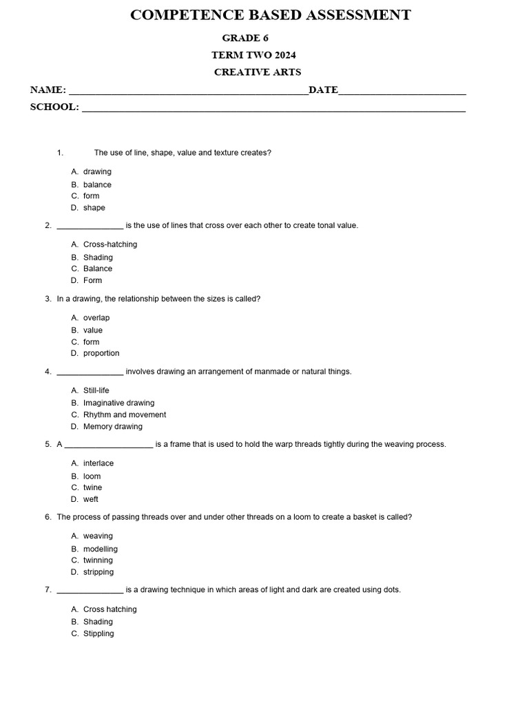 Grade 6 Creative Arts Kpsea Exam | PDF | Drawing | Loom