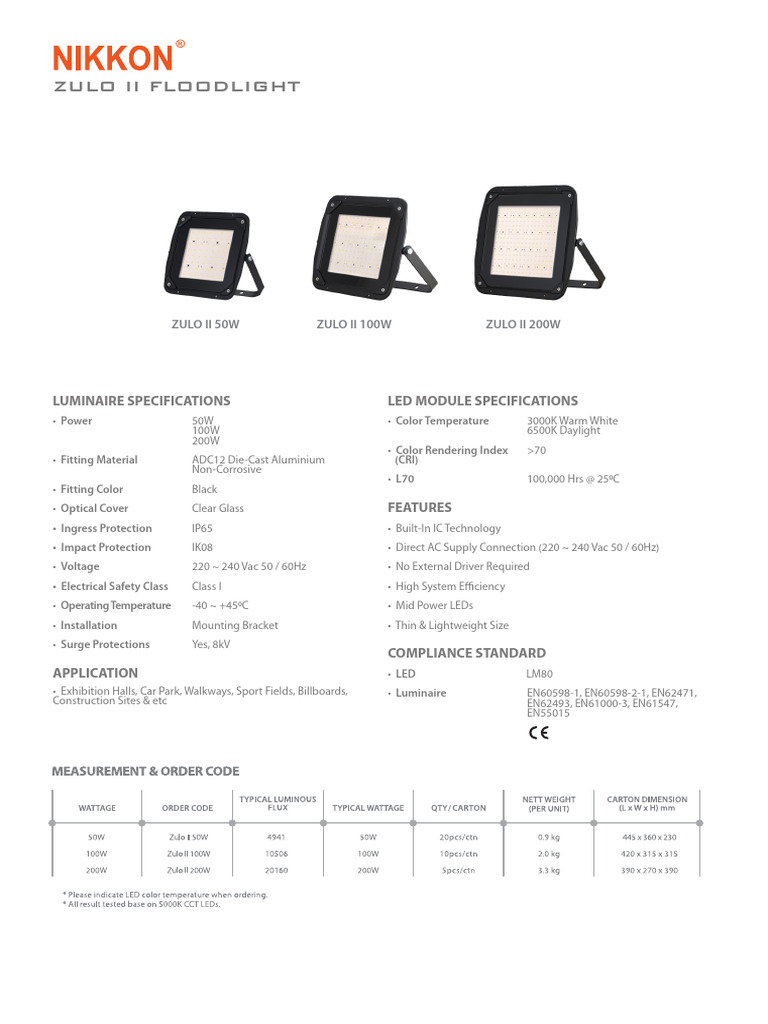 ZULO II Floodlight Specifications & Features | PDF | Light Emitting ...