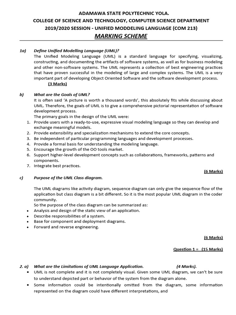 Com213 Marking Scheme 2020 | PDF | Unified Modeling Language | Class (Computer Programming)