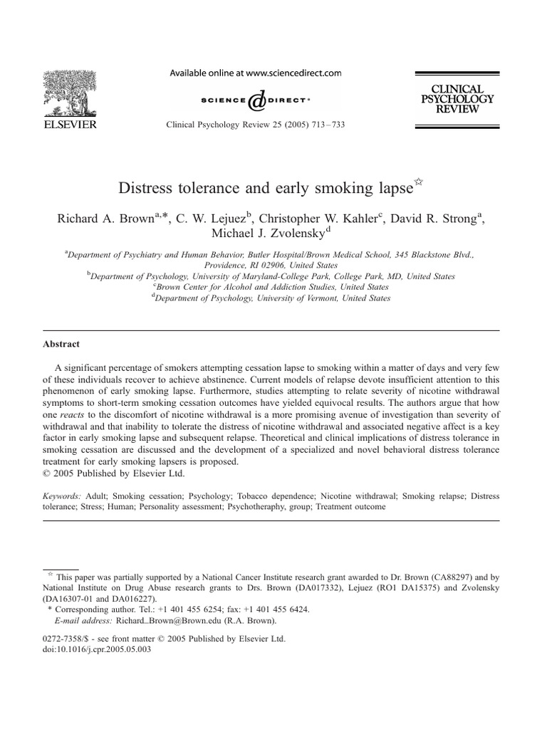 Distress Tolerance and Early Smoking Lapse | PDF | Smoking Cessation ...