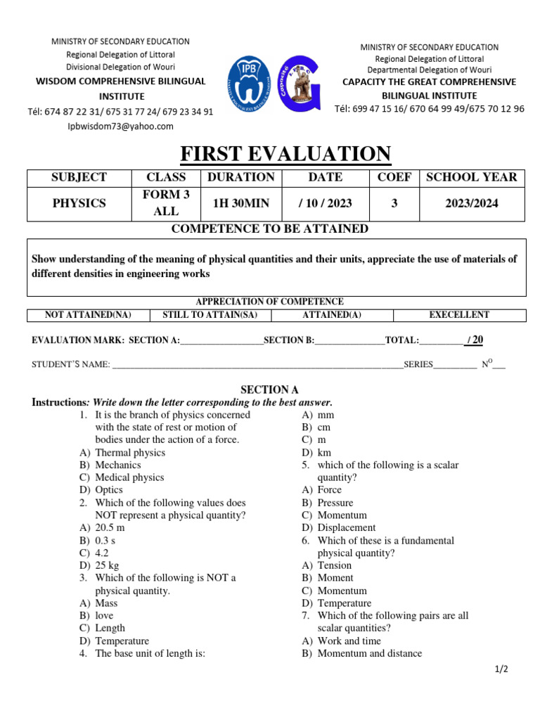 Physics Form 3 Eval 1 | Download Free PDF | Velocity | Quantity