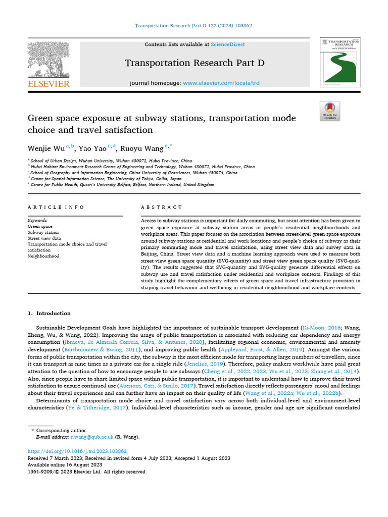 Green Space Exposure at Subway Stations Tra 2023 Transportation ... Green Space Exposure at Subway Stations Tra 2023 Transportation ...