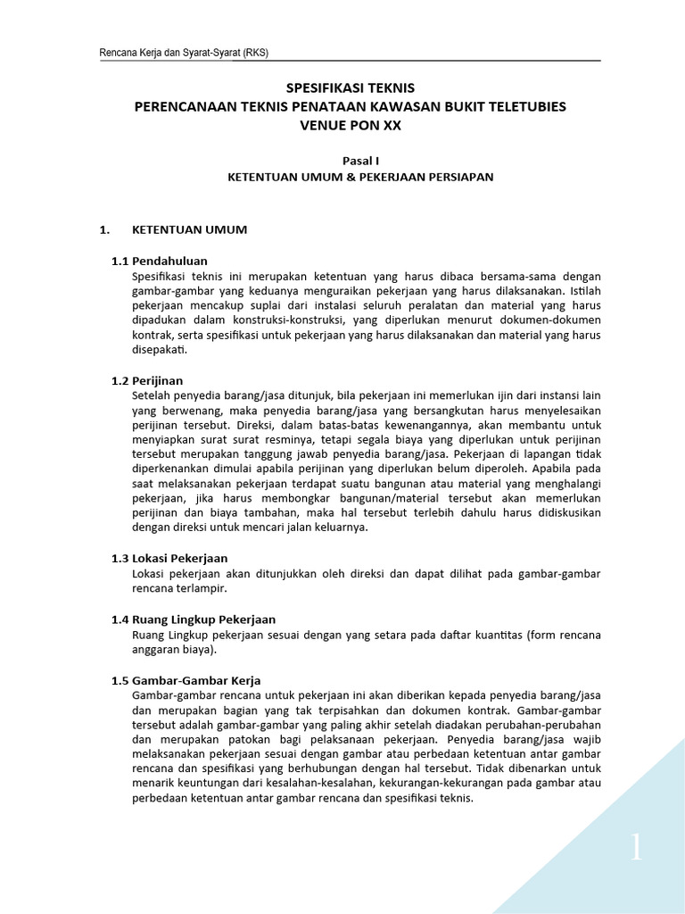 1 RKS Perencanaan Teknis Penataan Kawasan Bukit Teletubies Venue PON XX (Pasal 1 Dan 2) | PDF