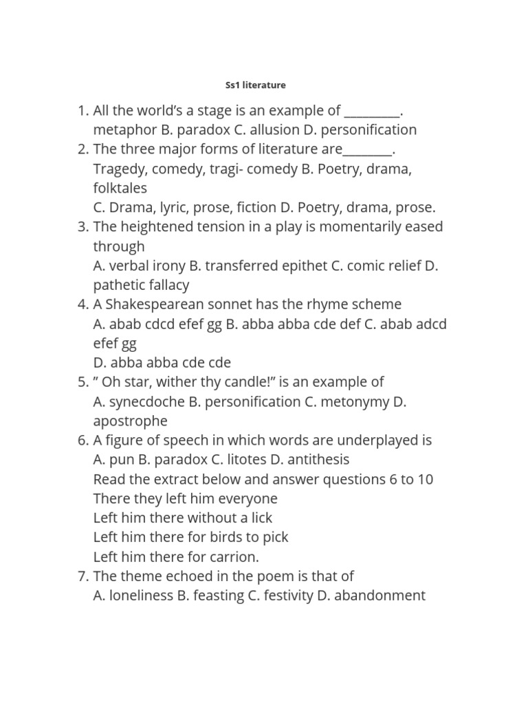 ss1 Literature Third Term Exam Questions | PDF | Poetry