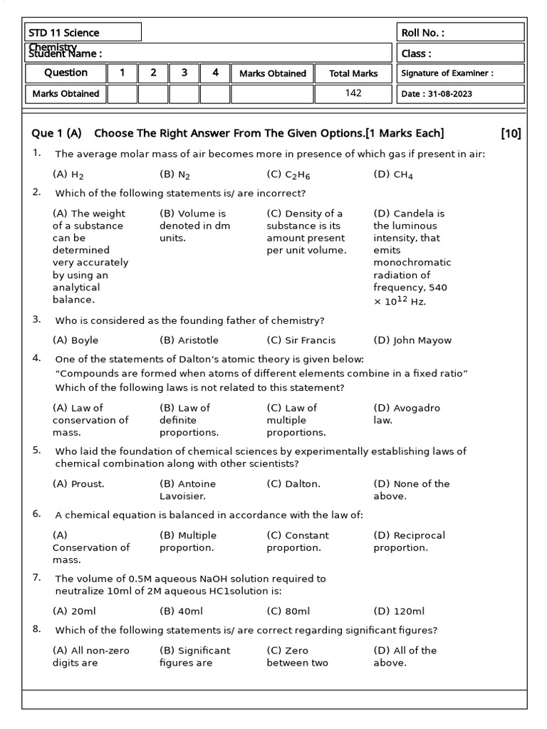 Que 1 (A) Choose The Right Answer From The Given Options. (1 Marks Each) | PDF | Mole (Unit ...