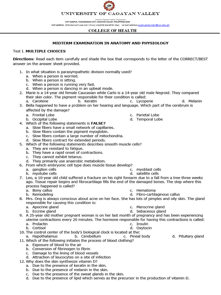 Anatomy and Physiology Midterm Exam | PDF | Bone | Epidermis
