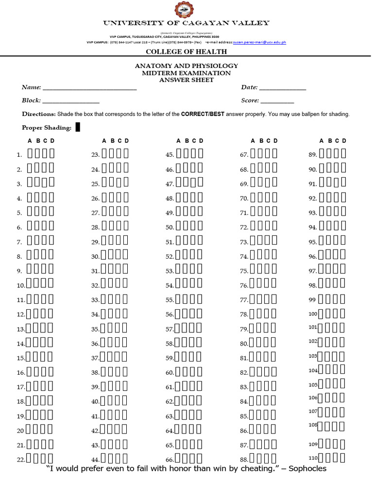 Anatomy and Physiology Answer Sheet - Midterm | PDF