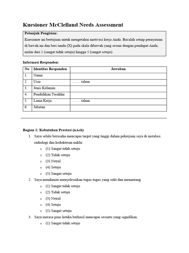 Kuesioner McClelland Needs Assessment | PDF