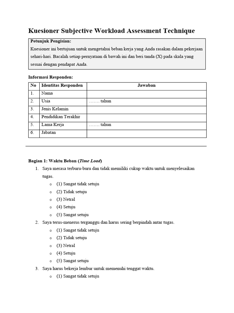 Kuesioner Subjective Workload Assessment Technique | PDF