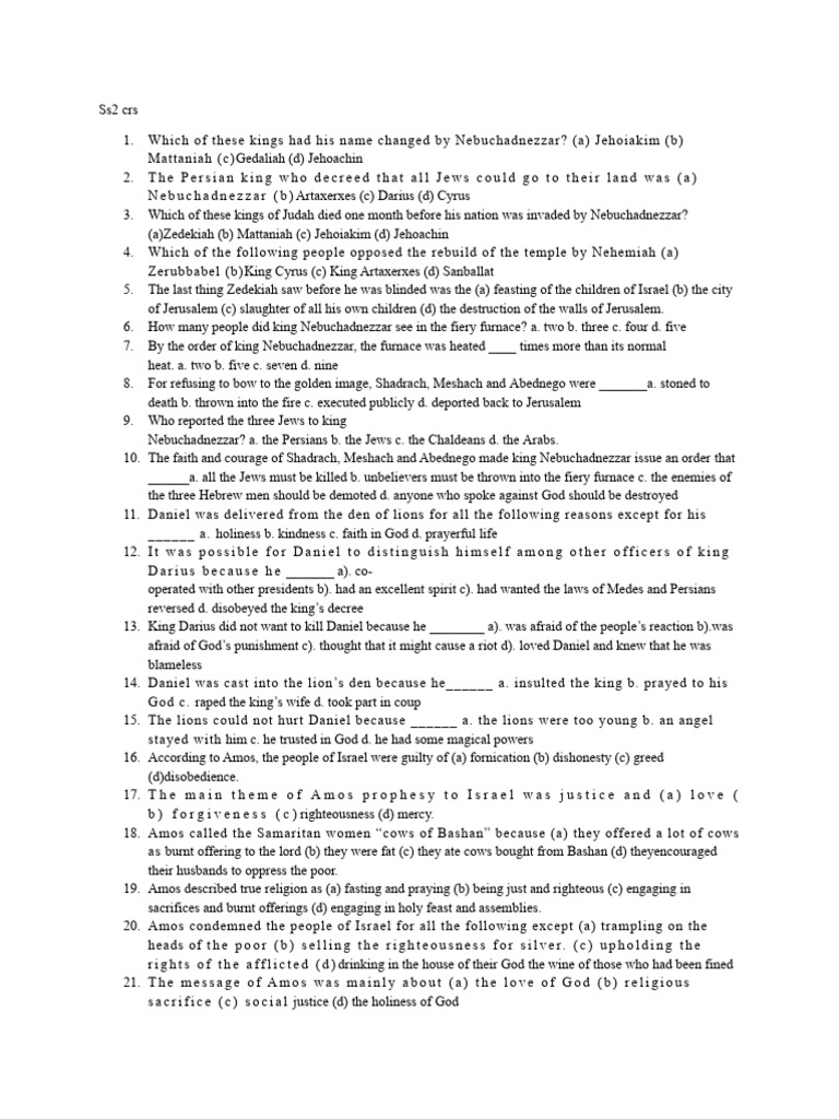 Crs ss2 3rd Term Exam | PDF | Shadrach, Meshach, And Abednego | Books Of The Hebrew Bible