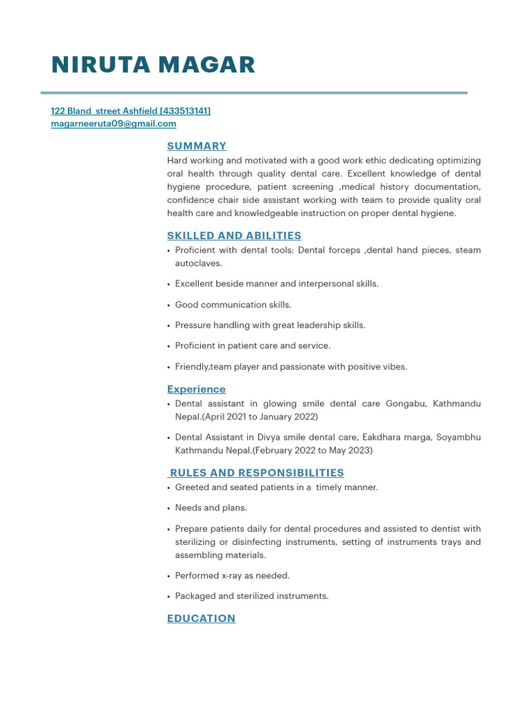 Niruta Magar Dental Assistant Resume | PDF | Dentistry | Health Care
