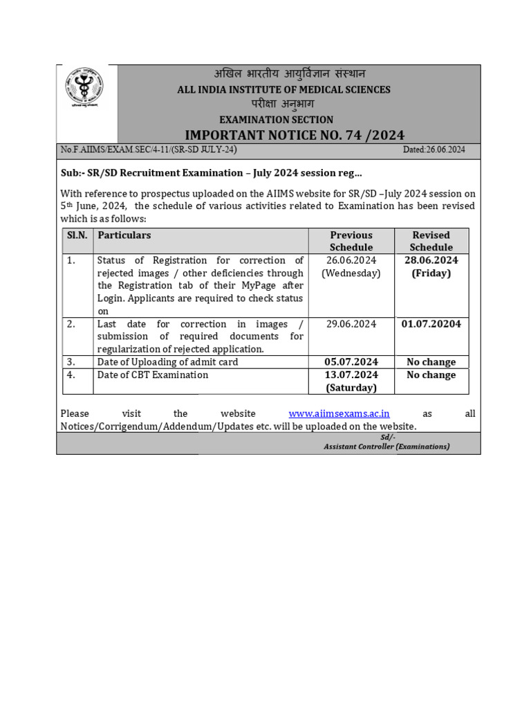 Notice Reschedule Date Status SR 2024 | PDF