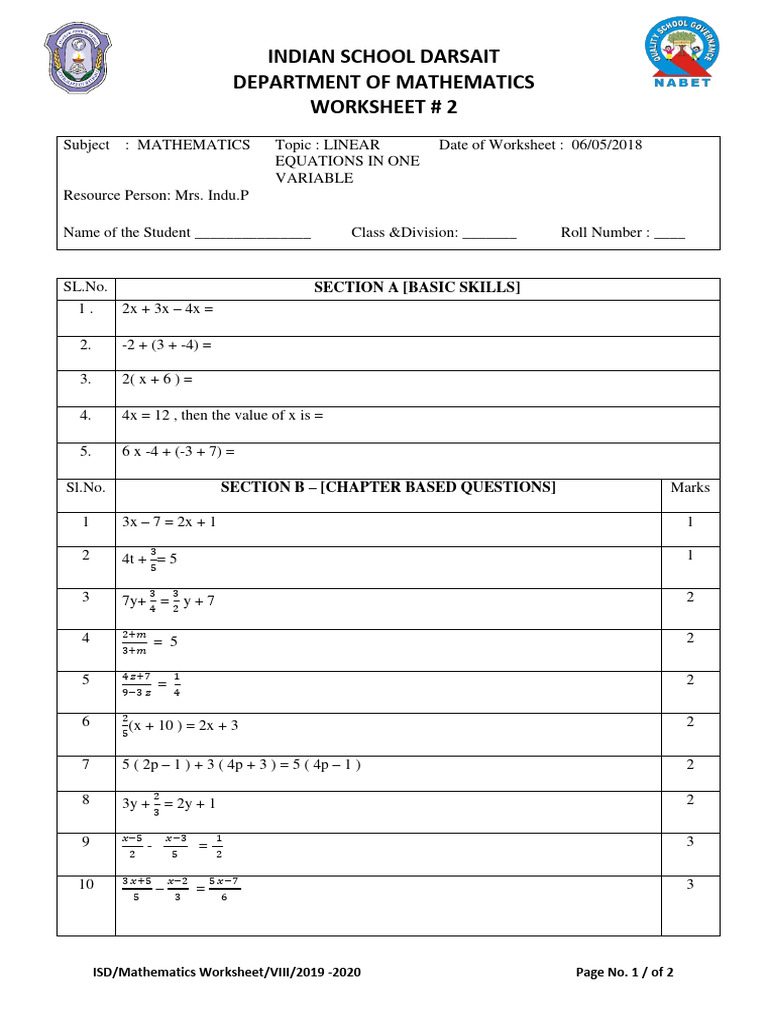 Worksheet 2 Linear Pdf Numbers Rectangle