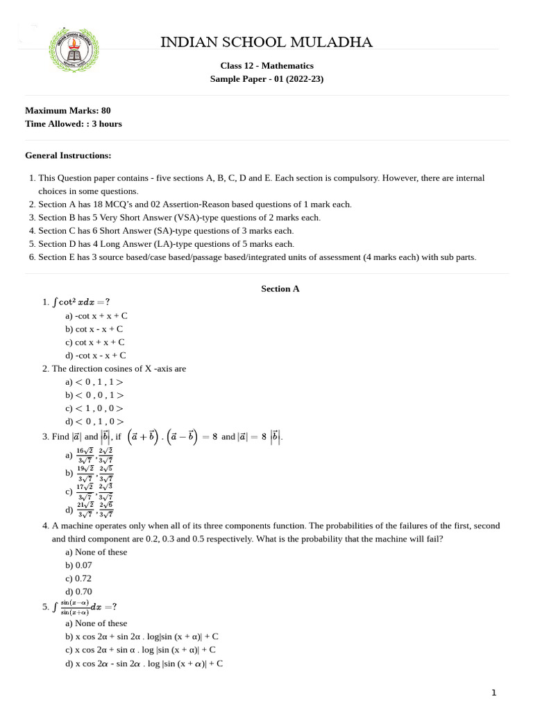 Class 12 Mathematics SQP 1 10 | PDF | Matrix (Mathematics) | Ordinary Differential Equation