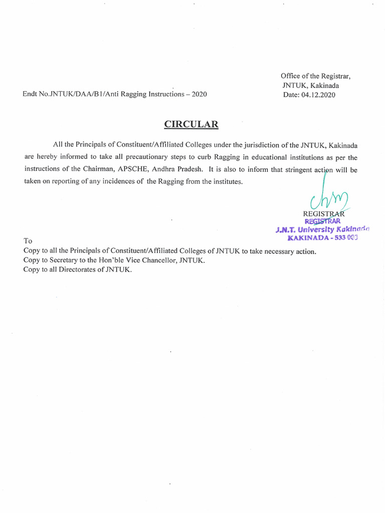 Circular - Anti Ragging Instructions - 2020 | PDF