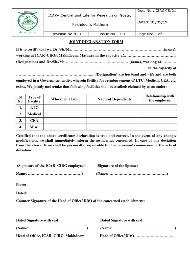 (CIRG-IS-21) Joint Declaration Form | PDF | Finance & Money Management | Law