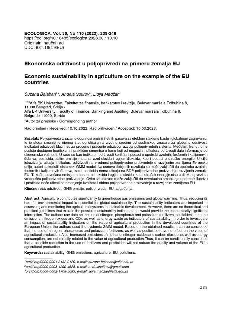 Ekonomska Održivost U Poljoprivredi Na Primeru Zemalja EU | PDF