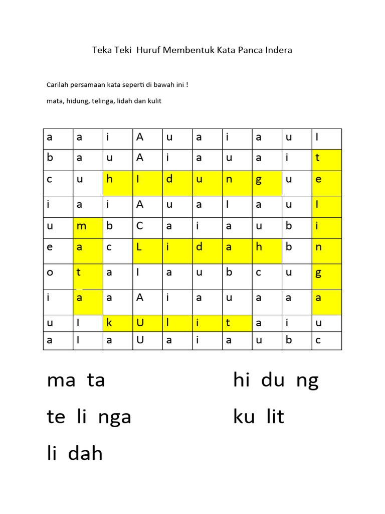 Teka Teki Huruf Membentuk Kata Panca Indera | PDF