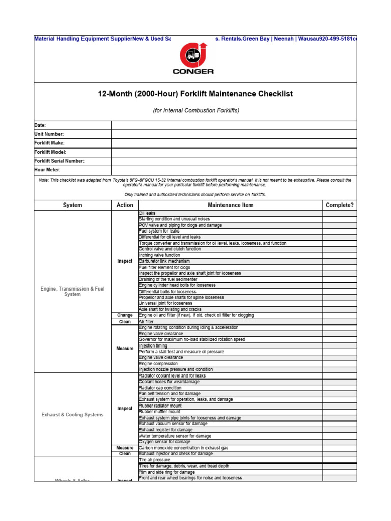 Forklift Maintenance Checklist Guide | PDF | Brake | Internal ...