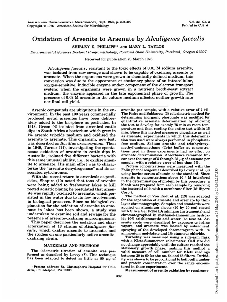 Philips or 1976 Oxidation of Arsenite To Arsenate by Alcaligenes ...