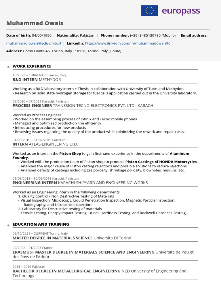 MUHAMMAD OWAIS_CV | PDF | Fracture | Alloy