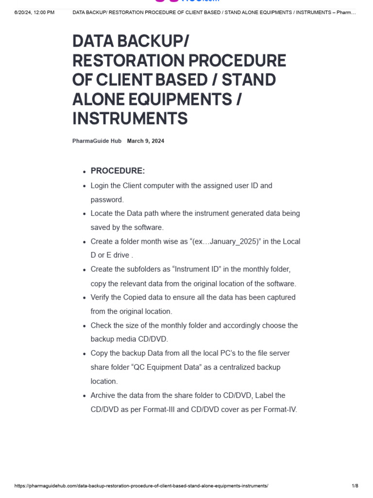 DATA BACKUP - RESTORATION PROCEDURE OF CLIENT BASED - STAND ALONE EQUIPMENTS - INSTRUMENTS ...