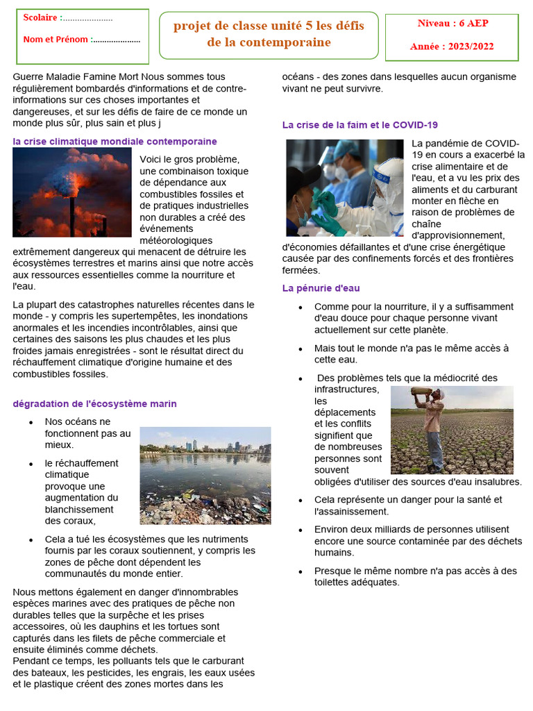 Projet de Classe Unité 5 Les Défis de La Contemporaine | PDF ...
