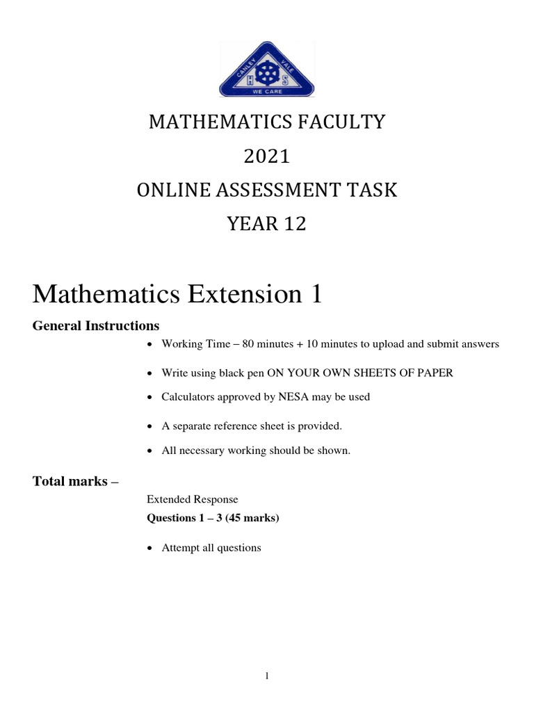 Canley Vale 2021 Math Ext 1 Trials + Solutions | Download Free PDF | Mathematical Objects ...