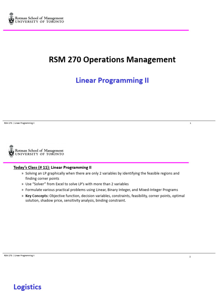RSM270 Winter 2024 - Lecture 11 | PDF | Mathematical Optimization | Linear Programming