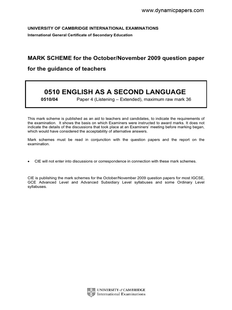 0510 English As A Second Language: MARK SCHEME For The October/November ...