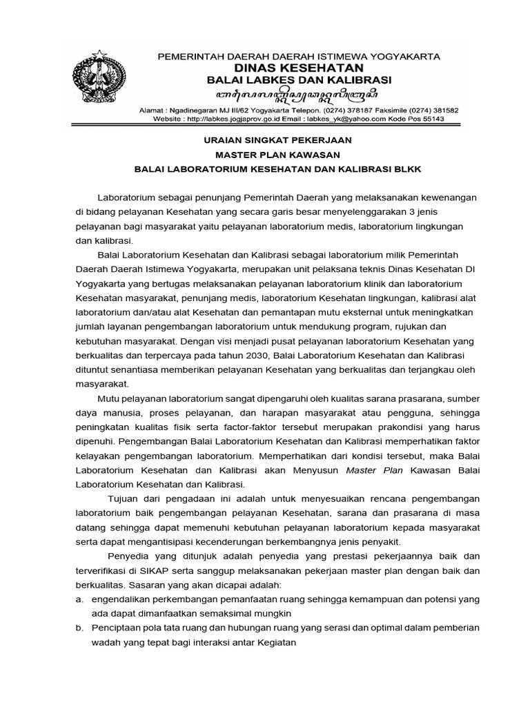 Uraian Singkat Pekerjaan Master Plan Kawasan Balai Laboratorium Kesehatan Dan Kalibrasi BLKK | PDF