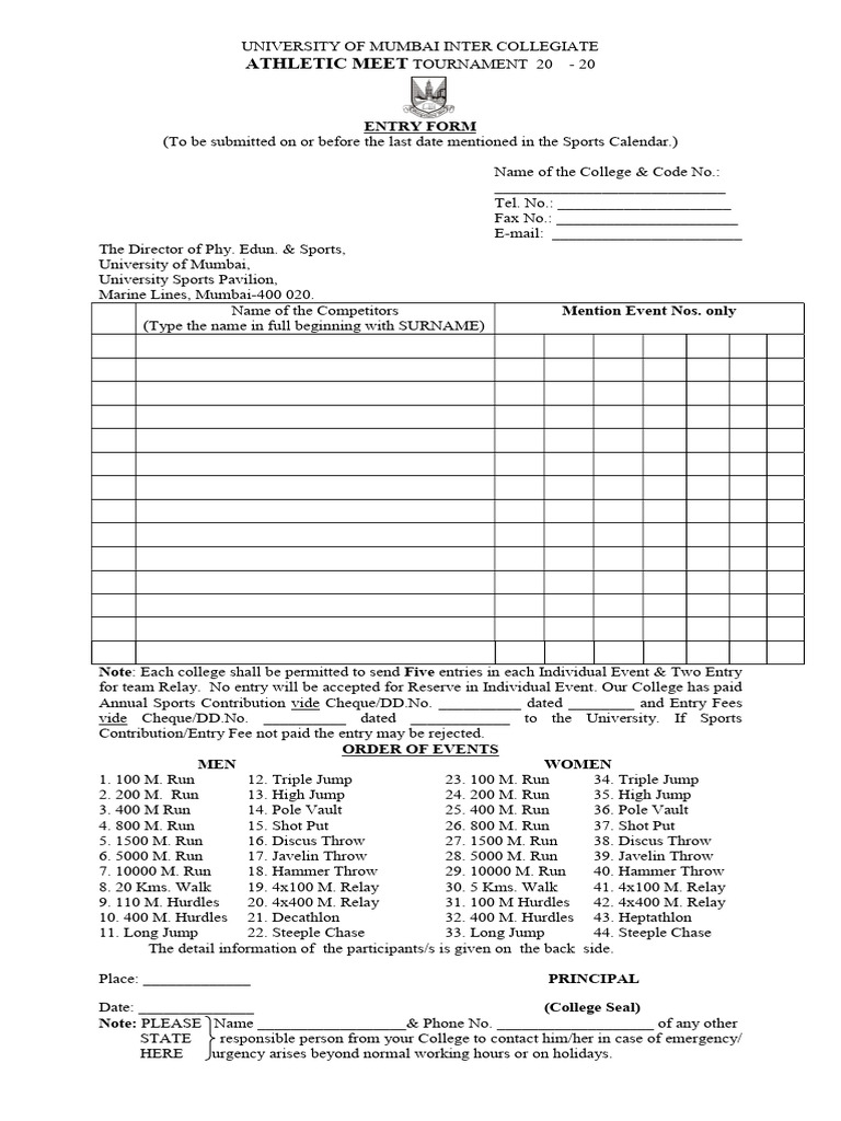 Athletic Entry Form 1 | PDF | Athletic Sports | Sport Of Athletics