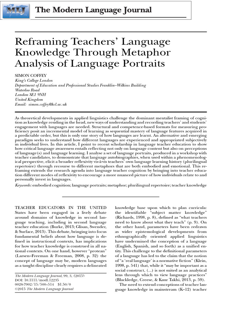 Coffey - Reframing Teachers Language Knowledge - 2015 | PDF | Metaphor ...