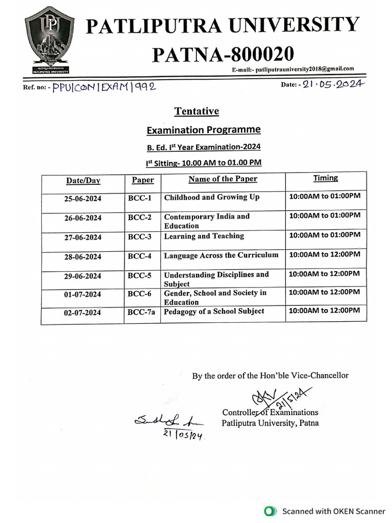 Tentative Exam Programme of B.Ed. 1st Year & 2nd Year 2024 | PDF