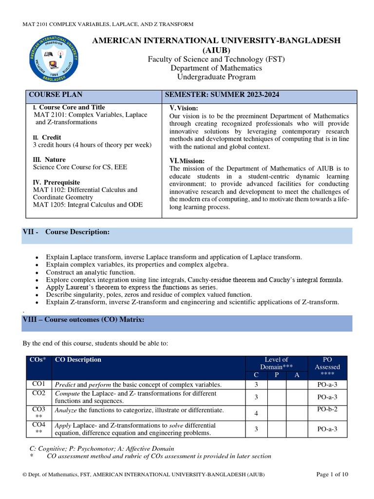 MAT 2101 Complex Variables, Laplace and Z transform (Summer_23-24 ... MAT 2101 Complex Variables, Laplace and Z transform (Summer_23-24 ...