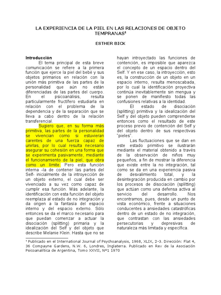 La Experiencia de La Piel - Esther Bick | PDF | Disociación (psicología ...