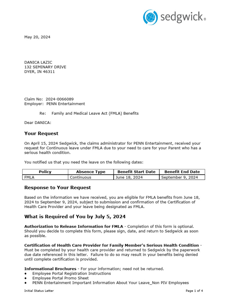 Initial Status Letterpacket | PDF | Family And Medical Leave Act Of 1993