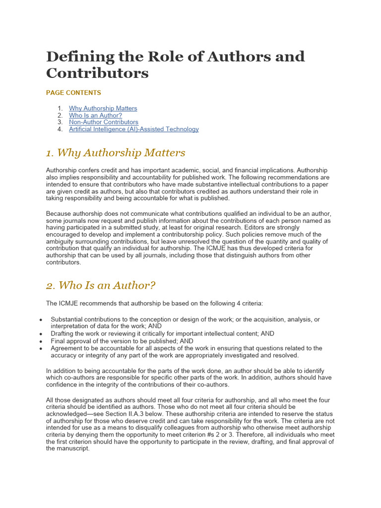 Defining The Role of Authors and Contributors | PDF | Artificial ...