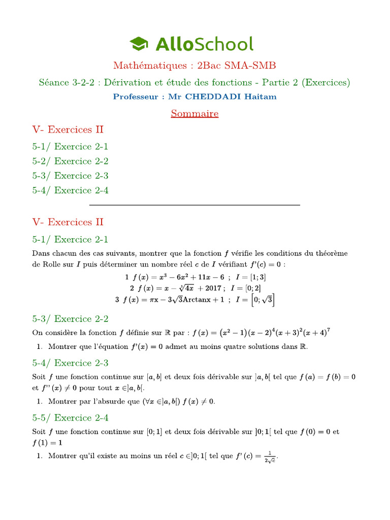 Seance 3 2 2 Derivation Et Etude Des Fonctions Partie 2 Exercices 2 | PDF