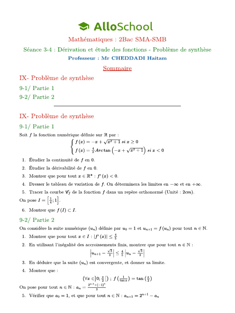 Seance 3 4 Derivation Et Etude Des Fonctions Probleme de Synthese 2 | PDF