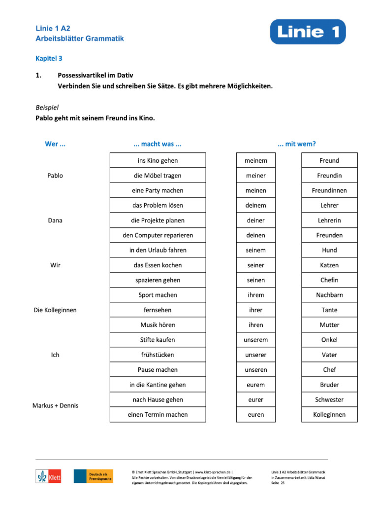 A2 Linie Kap3 Ü1 Possessivartikel Im Dativ | PDF