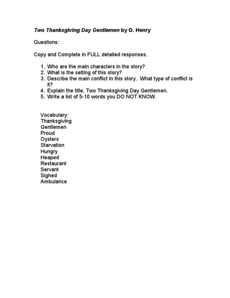 Two Thanksgiving Day Gentlemen Questions | PDF