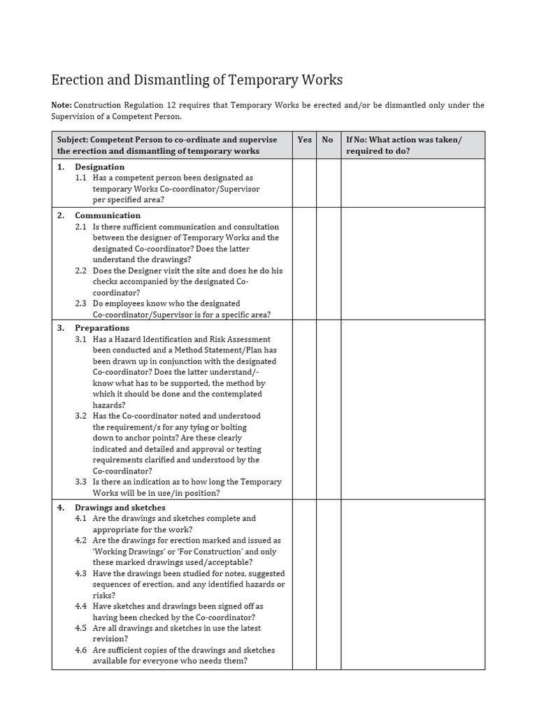 Erection and Dismantling of Temporary Works Checklist | PDF | Concrete ...