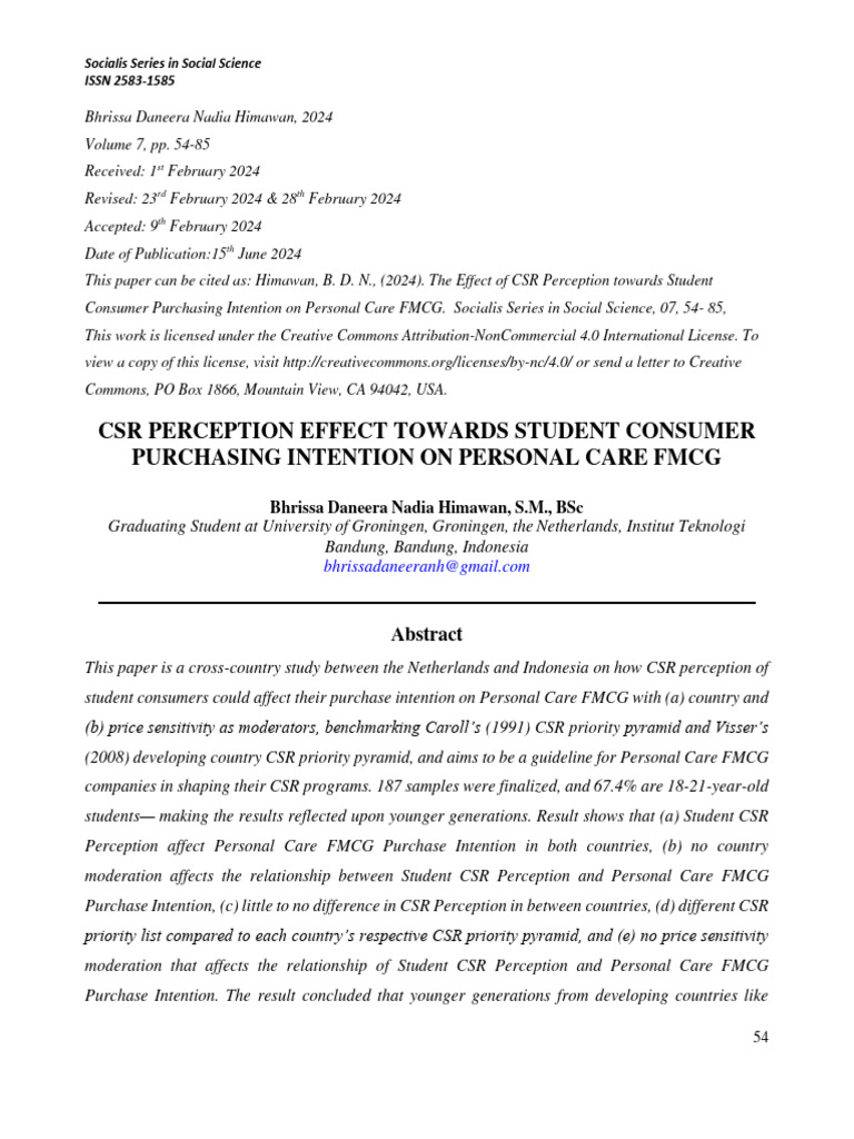 CSR Perception Effect Towards Student Consumer Purchasing Intention On ...