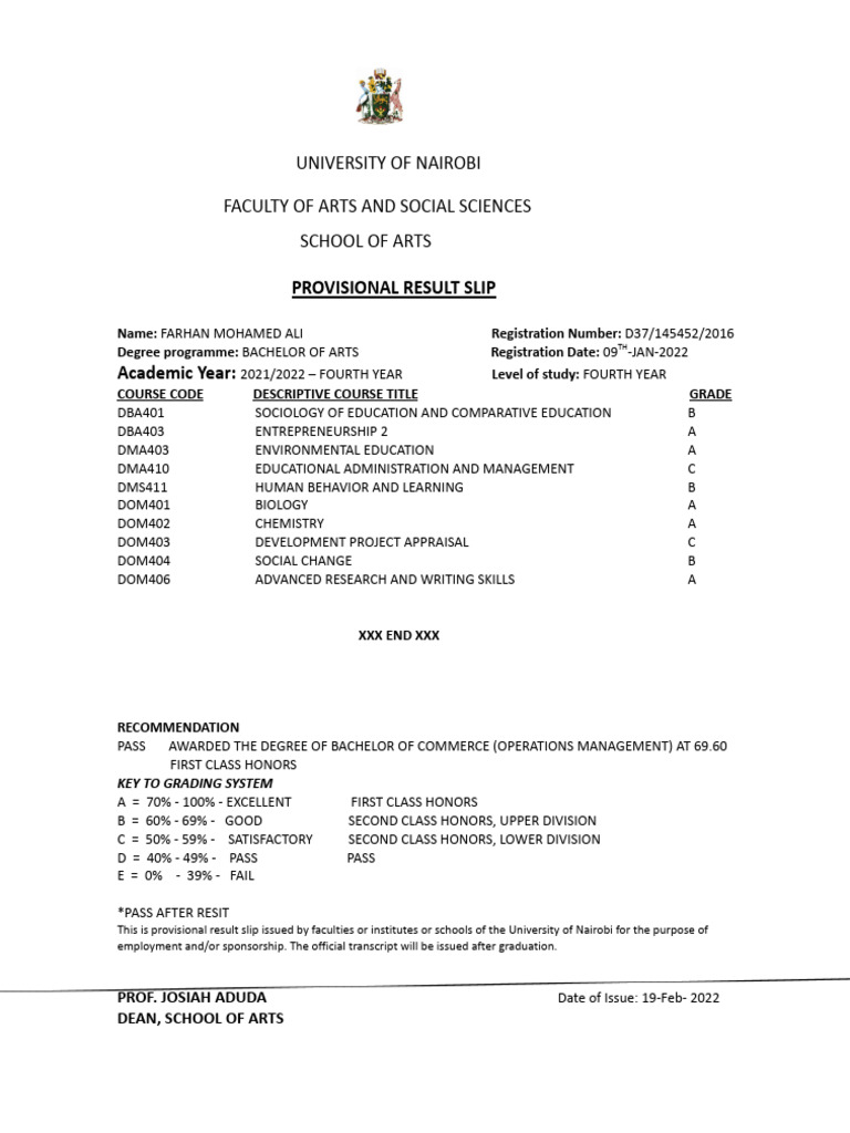 UoN Arts Student Provisional Results | PDF