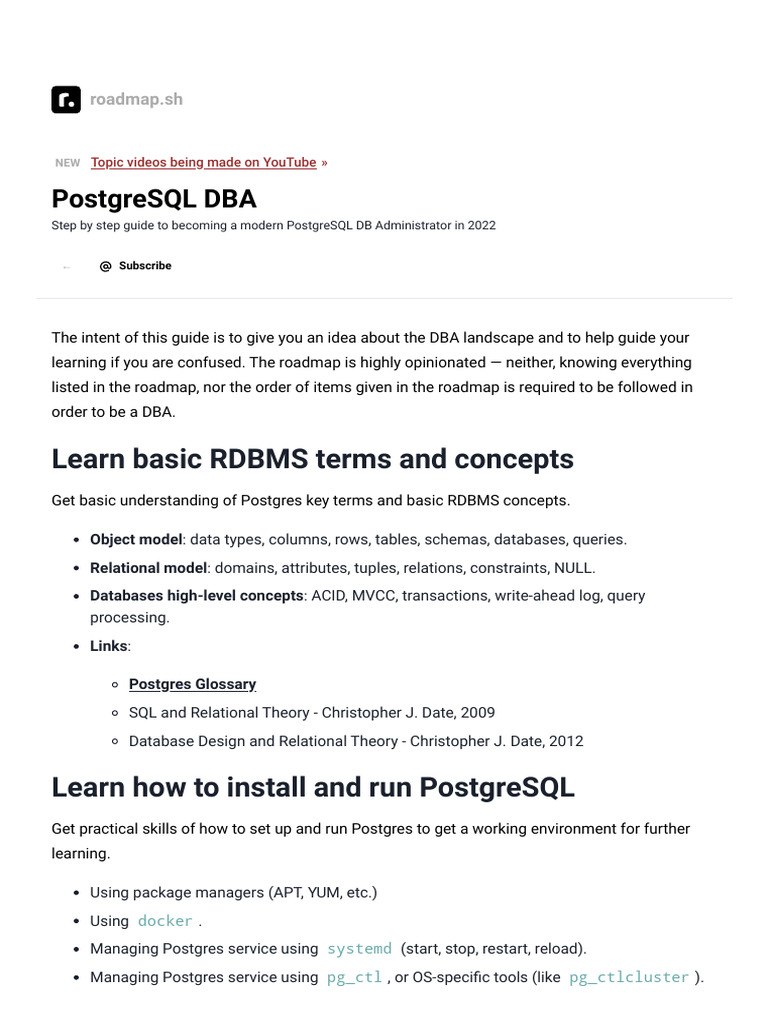 DBA Roadmap - Learn To Become A Database Administrator With Postg | PDF | Postgre Sql ...