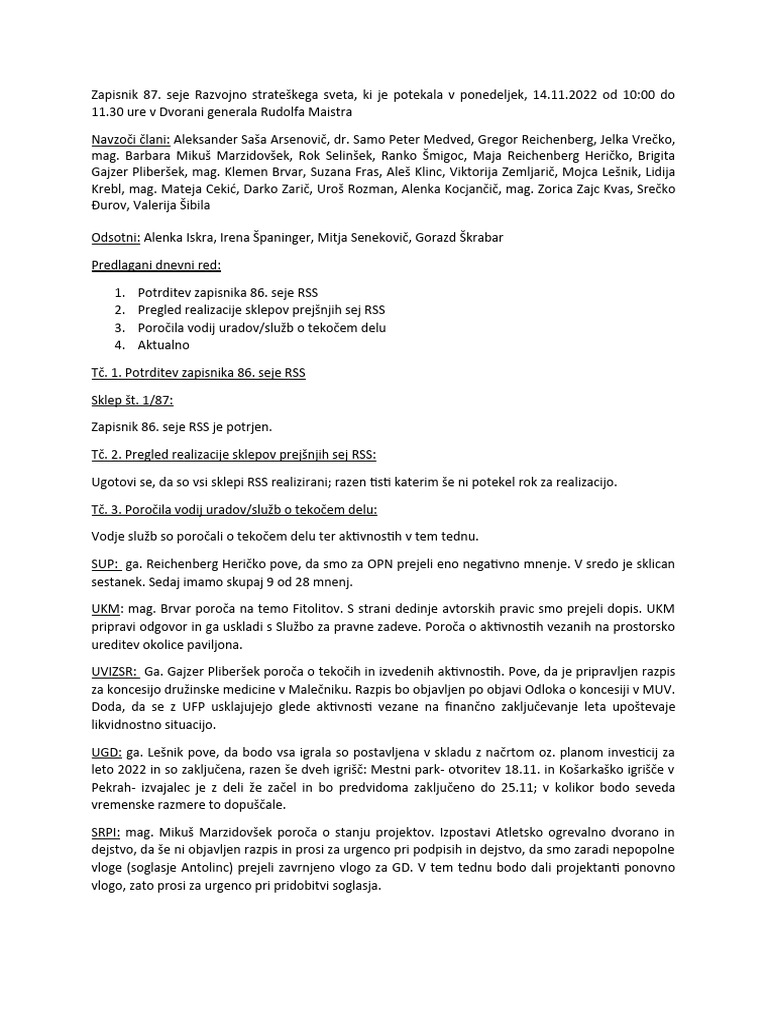 Zapisnik 87. Seje RSS-ja | PDF