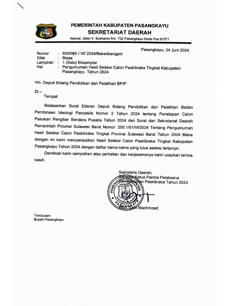 Pengumuman Hasil Seleksi Capaska Kab Pasangkayu Tahun 2024 Pdf